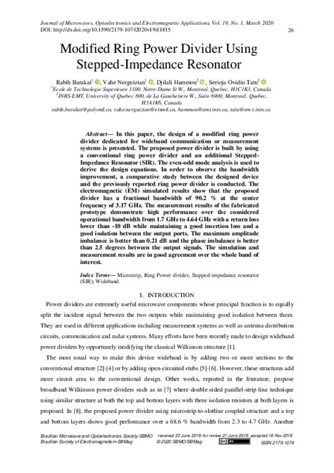 Pdf Modified Ring Power Divider Using Stepped Impedance Resonator
