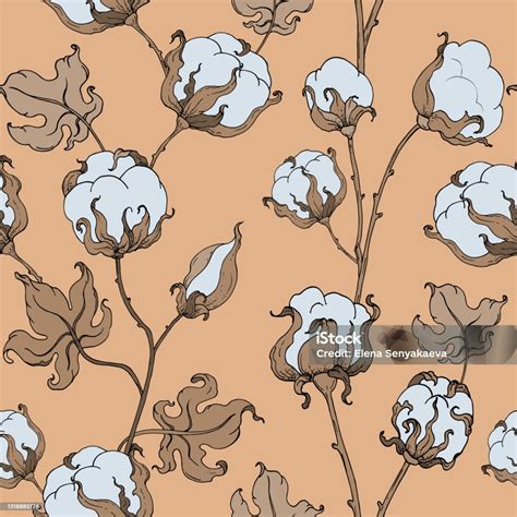 매끄러운 패턴 꽃 베이지 색 배경에 면 꽃손 그리기 일러스트벡터 목화꽃에 대한 스톡 벡터 아트 및 기타 이미지 목화꽃 면 식물학 Istock