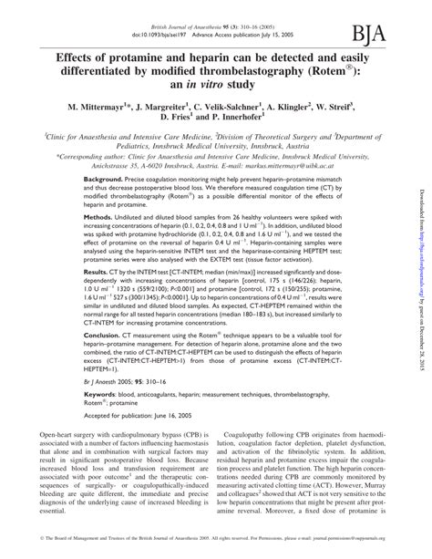 Pdf Effects Of Protamine And Heparin Can Be Detected And Easily Differentiated By Modified