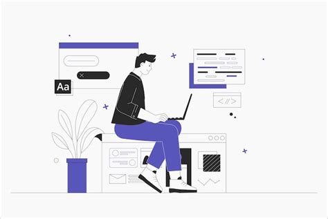 사업가 Smm 관리자 프로그래머는 인포그래픽에 앉아 노트북 작업을 합니다 컴퓨터에서 웹 및 애플리케이션 개발 작업을 하는 프리랜서 소프트웨어 개발자 평면 스타일