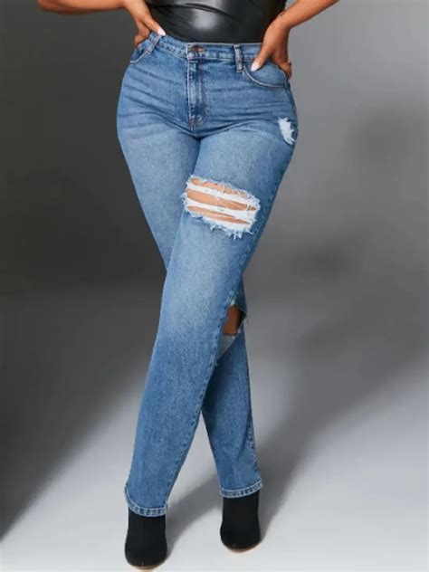 بنطال جينز ضيق ممزق متوسط الارتفاع ، جيوب مائلة بقصة ضيقة Temu Saudi