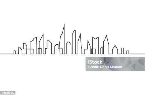 평면 스타일 있는 도시의 실루엣입니다 현대 도시 풍경입니다 벡터 일러스트 레이 션 시 고층 건물 사무실 수평선입니다 연속 선 그리기 0명에 대한 스톡 벡터 아트 및 기타