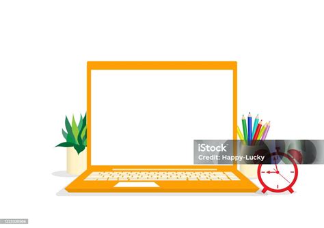 연필 화분 흰색 배경에있는 테이블 시계와 오렌지 노트북 모니터 블랭크 전면 뷰입니다 최소한의 스타일 벡터 그림입니다 0명에 대한 스톡 벡터 아트 및 기타 이미지 Istock