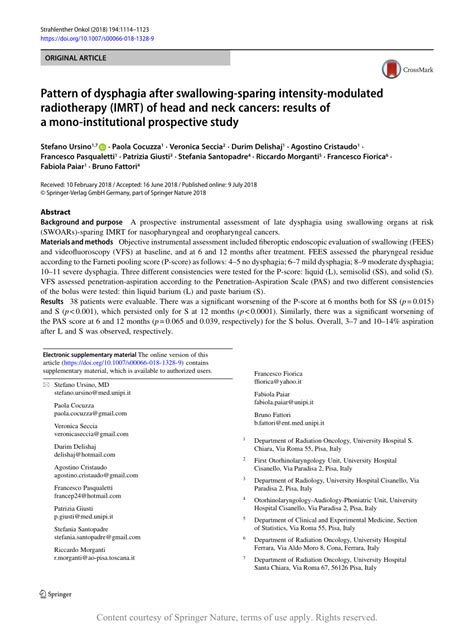 Pattern Of Dysphagia After Swallowing Sparing Intensity Modulated Radiotherapy Imrt Of Head