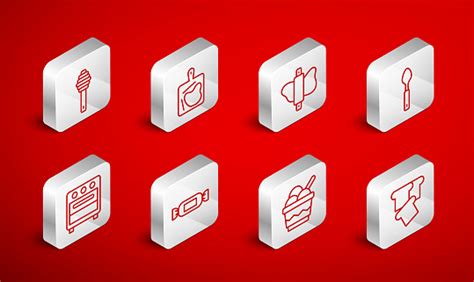 세트 라인 빵 토스트 도마 반죽에 롤링 핀 숟가락 아이스크림 그릇 꿀 디퍼 스틱 사탕 및 오븐 아이콘 벡터 3차원 형태에 대한