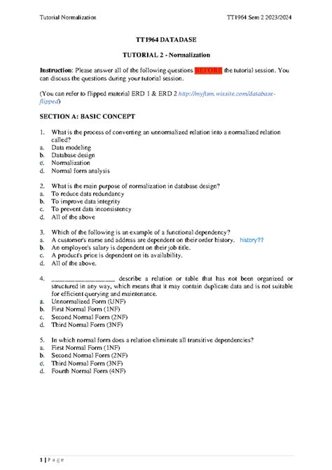 Tutorial 2 Normalization Tt1964 Datadase Tutorial 2 Normalization