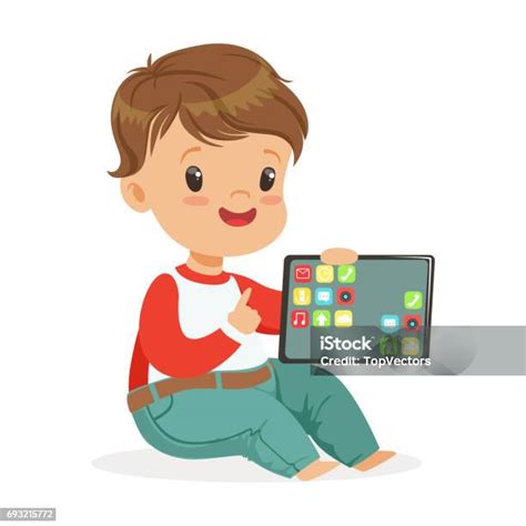 바닥에 앉아서 디지털 태블릿을가지고 노는 어린 소년 미소 아이 현대 기술 화려한 만화 캐릭터 벡터 일러스트 레이 션 교육에 대한 스톡 벡터 아트 및 기타 이미지 Istock