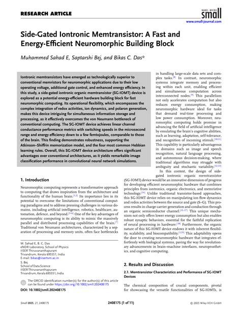 Side‐gated Iontronic Memtransistor A Fast And Energy‐efficient Neuromorphic Building Block