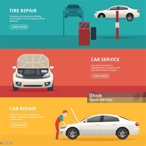 자동차 수리 배너입니다 자동차정비소 서비스 유지 보수 자동차 정비사 도구에서 노동자 벡터 평면 사진을 텍스트 배치 개념에 대한 스톡 벡터 아트 및 기타 이미지 Istock
