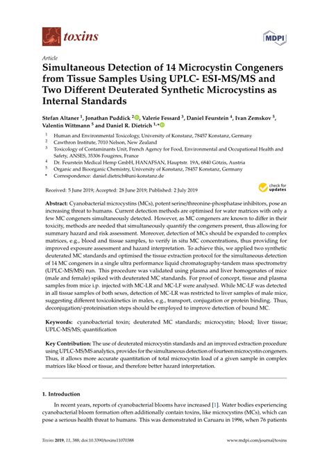 PDF Simultaneous Detection Of Microcystin Congeners From Tissue Samples Using UPLC ESI MS
