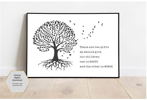 Tree Of Life Roots And Wings Quote Printable Wall Art New Parent Printable Gift Black And
