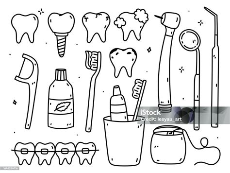 치과 치료 낙서 세트 건강하고 병든 치아 교정기 임플란트 칫솔 및 치실 의료 치과 도구 드릴 검사 거울 치과 프로브 벡터 손으로 그린 그림입니다 낙서 패턴에 대한 스톡 벡터