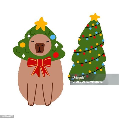 플랫 스타일의 크리스마스 트리가 있는 귀여운 카피바라 메리 크리스마스와 새해 인사말 카드에 대 한 Capybara 벡터 일러스트 레이 션 가축에 대한 스톡 벡터 아트 및