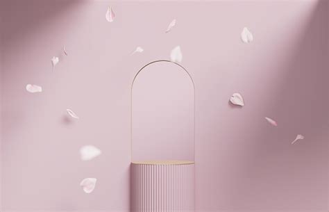 3d 배경 분홍색 연단 디스플레이 꽃잎이 떨어집니다 화장품 또는 미용 제품 프로모션 단계 꽃 파스텔 받침대 추상 최소 광고 3d