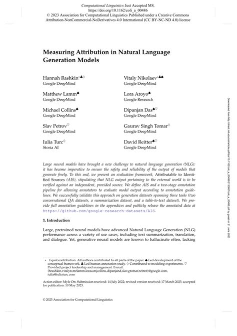 Pdf Measuring Attribution In Natural Language Generation Models