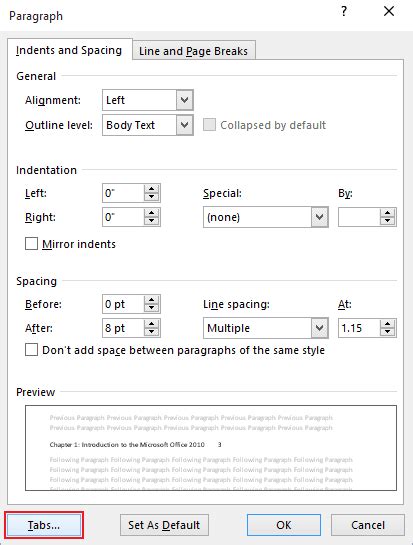 Setting Tabs Using The Tabs Dialog Box Microsoft Word