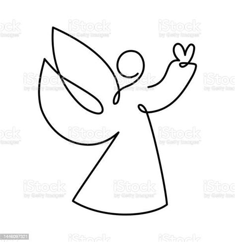간단한 벡터 크리스마스 천사 심장 연속 한 줄 그리기 옷 및 로고 디자인 엠블럼 또는 실루엣 한 줄 고립 된 추상 그림 인쇄 천사에 대한 스톡 벡터 아트 및 기타 이미지