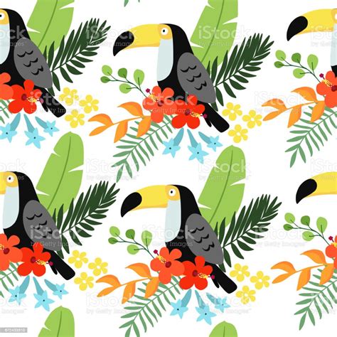 큰부리새 조류 Heliconia와 히 비 스커 스 꽃과 야자수와 열 대 정글 원활한 패턴 나뭇잎 평면 디자인 벡터 일러스트 레이 션 배경 0명에 대한 스톡 벡터 아트 및