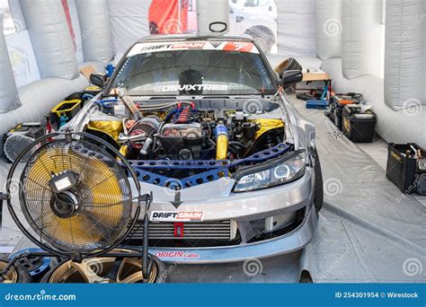 Engine Of Silver Nissan Silvia S13 5 With An Open Hood Editorial Stock Image Image Of Track