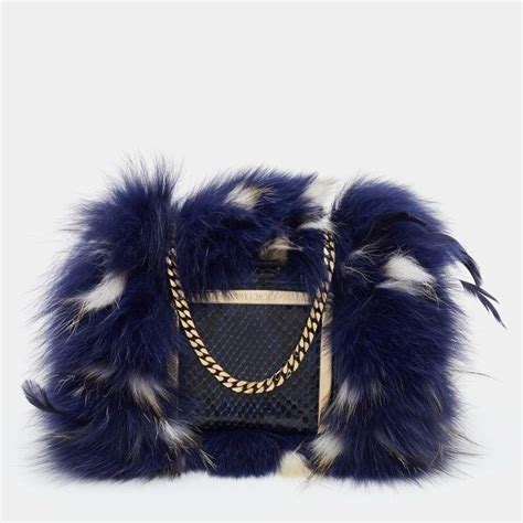 Jimmy Choo Blue Feathered Fox Fur And Python Ava Crossbody Bag Jimmy
