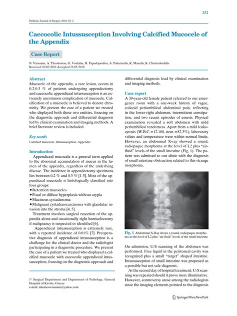 Pdf Caecocolic Intussusception Involving Calcified Mucocele Of The Appendix