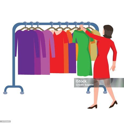 빨간 드레스를 입은 여자가 우리에게 등을 대고 서서 옷이 있는 옷걸이를 바라보며 녹색 드레스 흰색 배경에 평평하고 고립된 개체