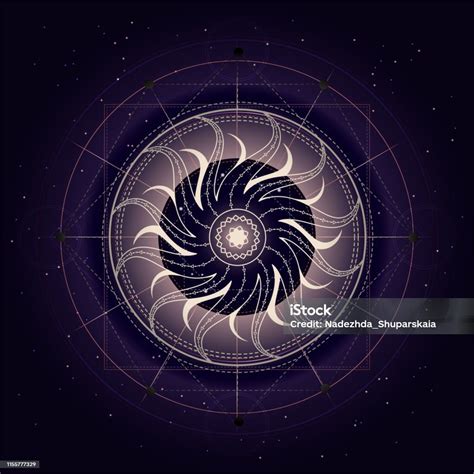 벡터 일러스트 레이 션의 추상적인 배경에 신성한 또는 신비한 상징의 선으로 그려진 기하학적 기호입니다 황금과 보라색 색상입니다 0명에 대한 스톡 벡터 아트 및 기타 이미지