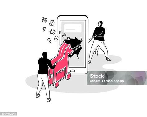 스마트 폰과 두 명의 해커가있는 트로이 목마 바이러스 공격 기호의 그림 트로이 목마에 대한 스톡 벡터 아트 및 기타 이미지