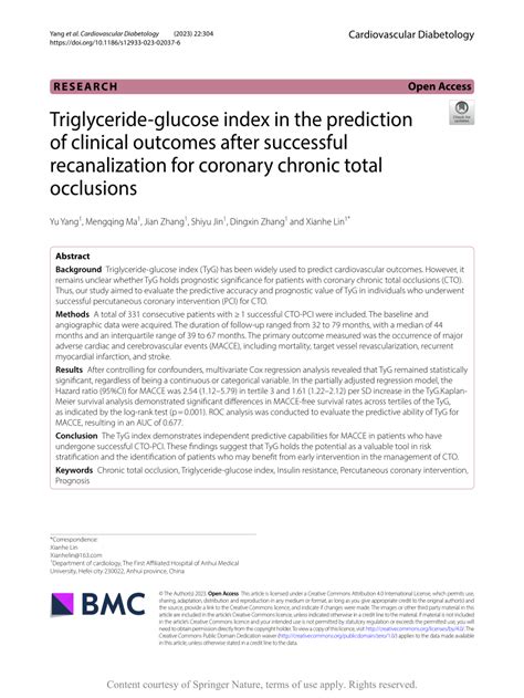 Pdf Triglyceride Glucose Index In The Prediction Of Clinical Outcomes After Successful