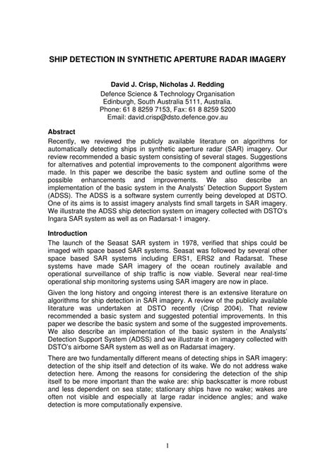 Pdf Ship Detection In Synthetic Aperture Radar Imagery