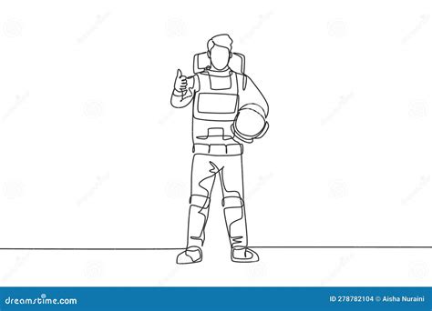 Single Continuous Line Drawing Astronaut Stands With Thumbs Up Gesture Wearing Space Suit