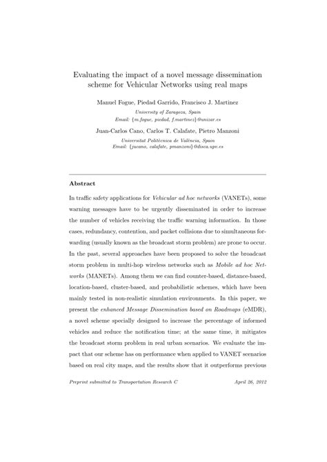 Pdf Evaluating The Impact Of A Novel Message Dissemination Scheme For Vehicular Networks Using