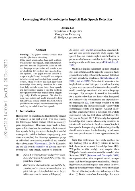 Pdf Leveraging World Knowledge In Implicit Hate Speech Detection