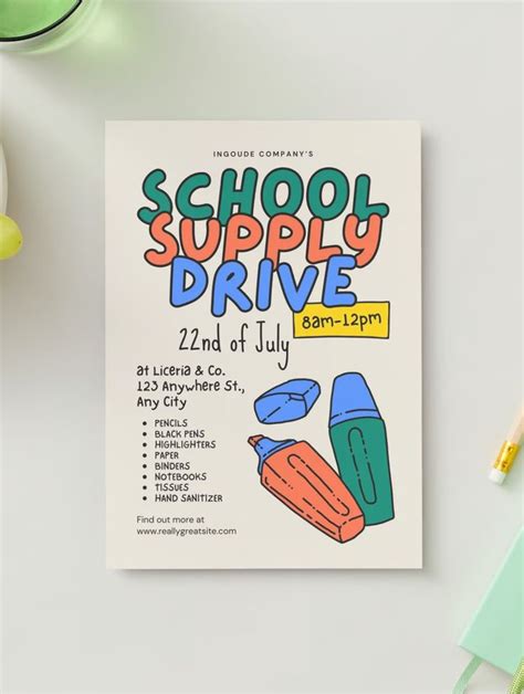 Blue Green Handdrawn Illustration School Supply Drive Flyer Canva