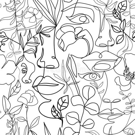 Contemporary Fashion Seamless Pattern Continuous Line Drawing Of Faces And Flowers Fashion