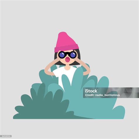 젊은 여성 캐릭터는 덤 불에 숨어 하 고 쌍안경을 통해 찾고 감시 개념적 그림입니다 특수 요원입니다 비밀 임무입니다 슬쩍 몰래입니다 평면 벡터 일러스트 레이 션 클립 아트