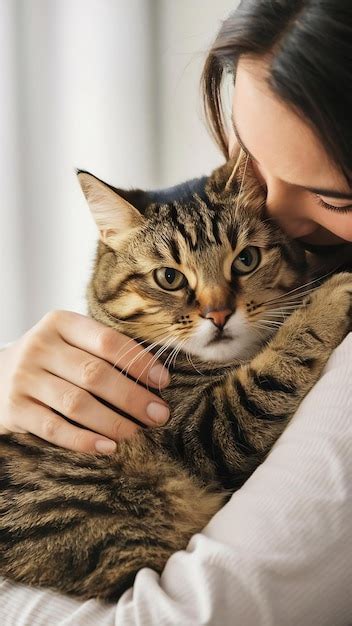 Close Up Of A Woman Hugging Her Tabby Cat Premium Ai Generated Image