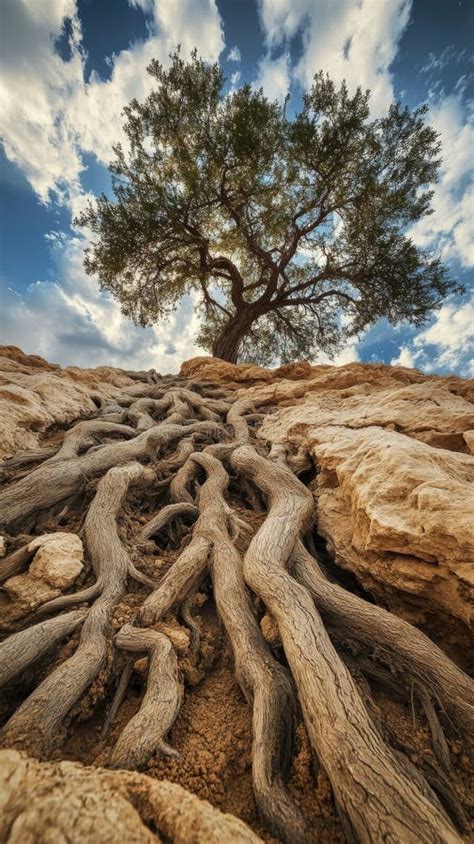 Ancient Tree With Exposed Roots Against A Dramatic Cloudy Sky Perspective View Nature