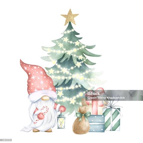 랜턴과 사탕 지팡이가 있는 크리스마스 난쟁이 요정 빛나는 화환 조명과 선물 상자가 있는 가문비나무 새해 복 많이 받으세요 인사말 카드와 디자인을 위해 흰색 배경에 고립 된