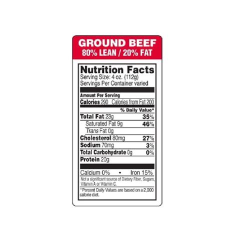 Ground Beef Nutrition Facts Label 80 Lean 20 Fat 15 X 3 Rectangle Shape 1000 Labels Per