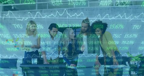 Stock Market Data Image Over Diverse Business Team Collaborating In