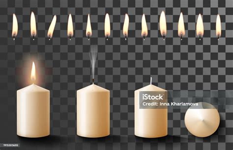 현실적인 원통형 향초와 불 불꽃 세트 심지 절연 통하고 있는 투명한 배경에 애니메이션을 위한 사실적인 불타는 양초 3d 벡터 일러스트 레이 션입니다 모델 3차원 형태에 대한