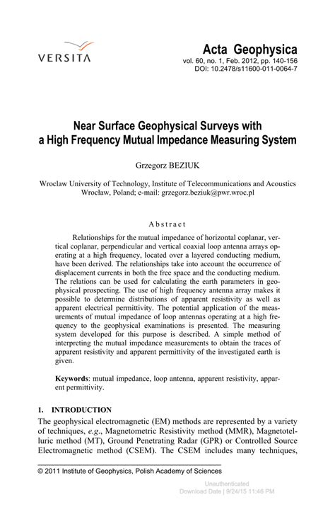Pdf Near Surface Geophysical Surveys With A High Frequency Mutual Impedance Measuring System