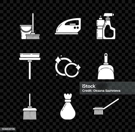 걸레와 양동이 전기 철 액체 식기 세척 액체용 플라스틱 병 손잡이 빗자루 쓰레기 봉투 화장실 브러시 스퀴지 스크레이퍼 와이퍼 및 세척 접시 아이콘 벡터 가방에 대한 스톡