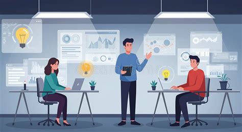 Business Team Brainstorming Ideas With Data Visualization In Office Setting Stock Illustration