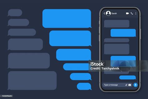 메시징 응용 프로그램과 현실적인 스마트 폰 빈 Sms 텍스트 프레임입니다 파란색 메시지 거품이있는 대화 채팅 화면 소셜 미디어 응용 프로그램 벡터 일러스트레이션 Brand