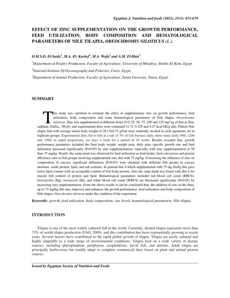 Pdf Effect Of Zinc Supplementation On The Growth Performance Feed Utilization Body