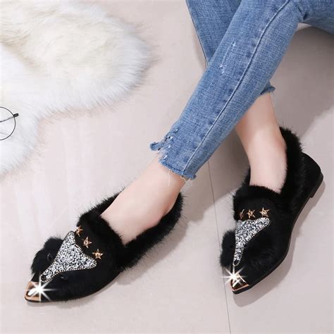 크리스탈 여우 패턴 겨울 평면 로퍼 여성 금속 뾰족한 발가락 반짝이 모피 모카신 브랜드 디자인 발레 아파트 신발 신발 Basso And Brooke
