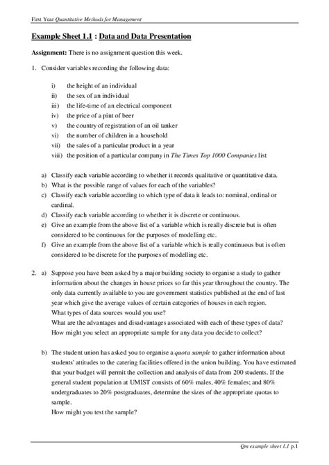 Pdf First Year Quantitative Methods For Management Example Sheet 11 Data And Data Presentation