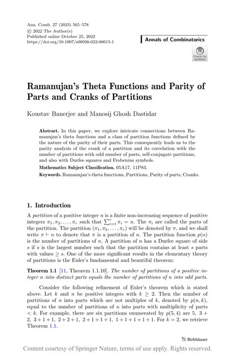 Pdf Ramanujans Theta Functions And Parity Of Parts And Cranks Of Partitions